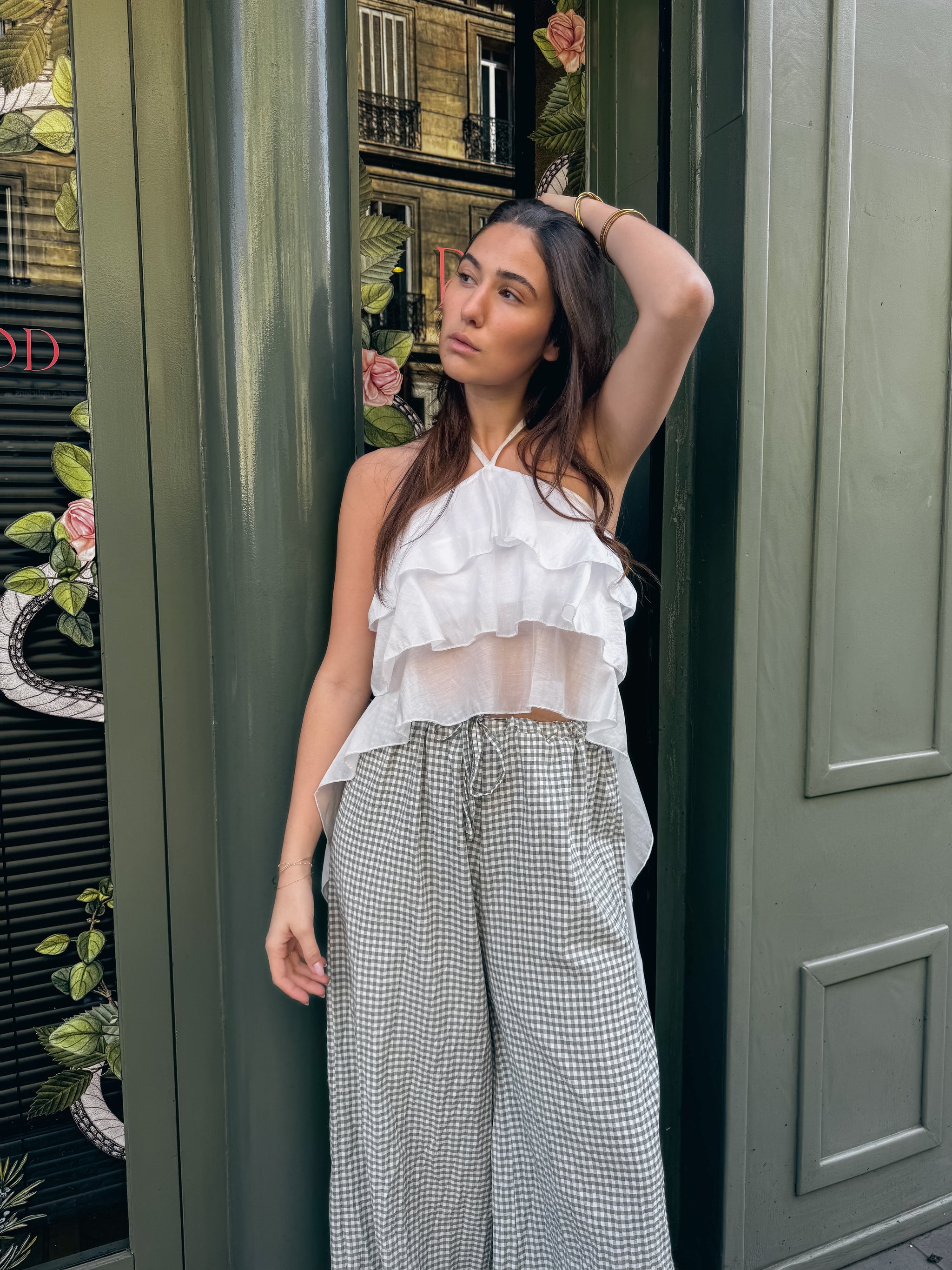 White ruffled backless crop top