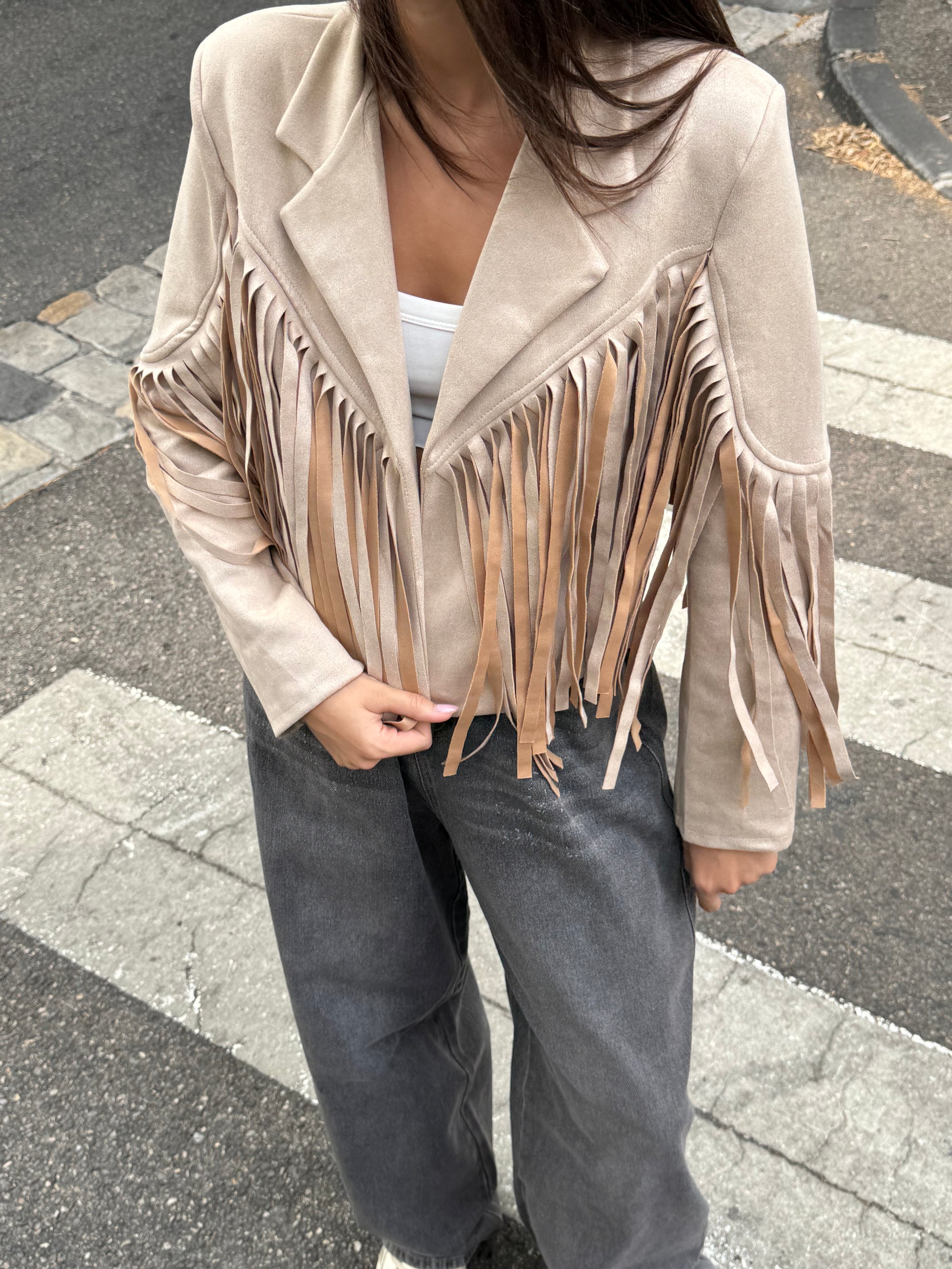 Veste beige à franges effet daim
