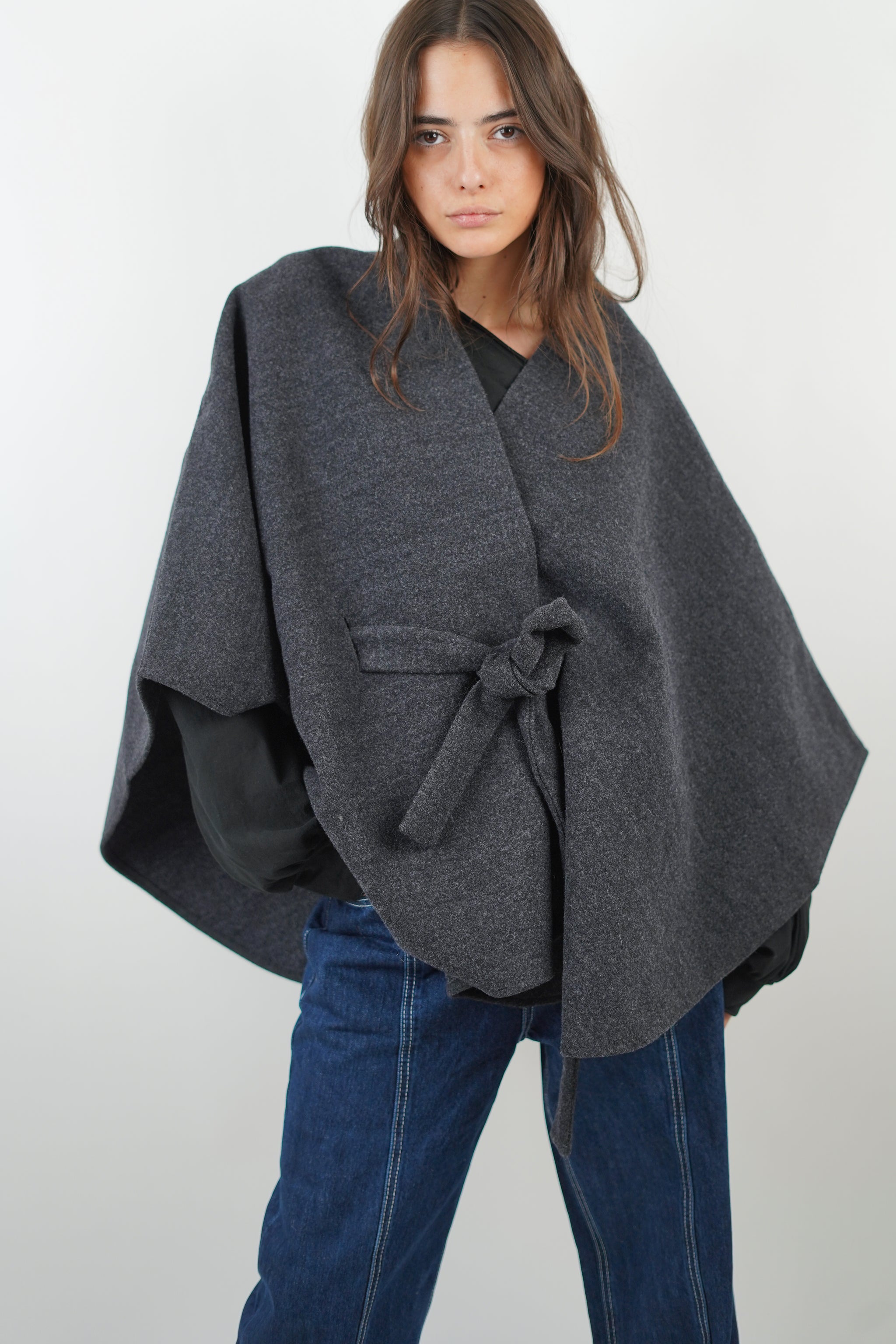 Dark grey poncho with tie belt