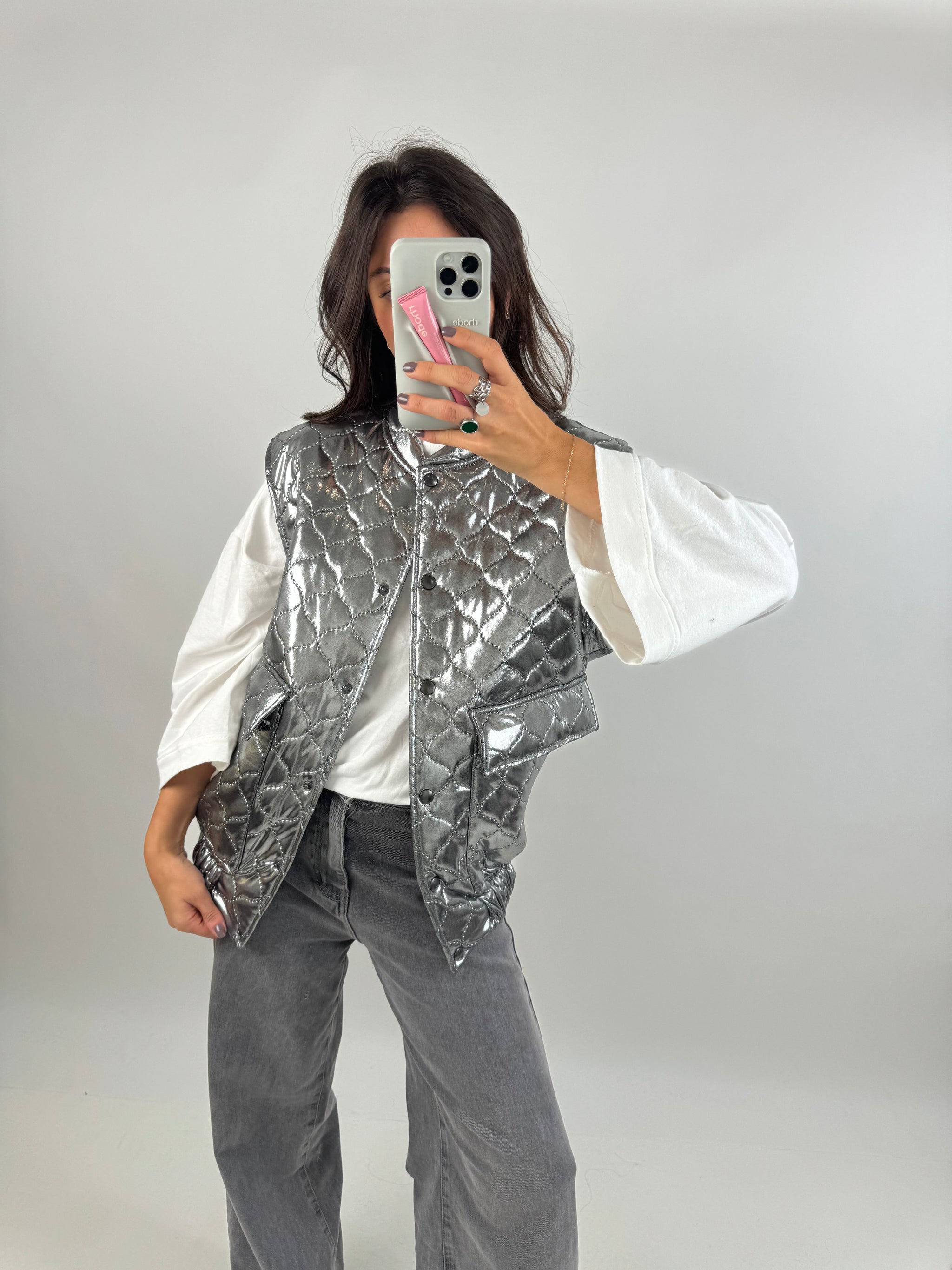 Beige sleeveless jacket with fleece effect